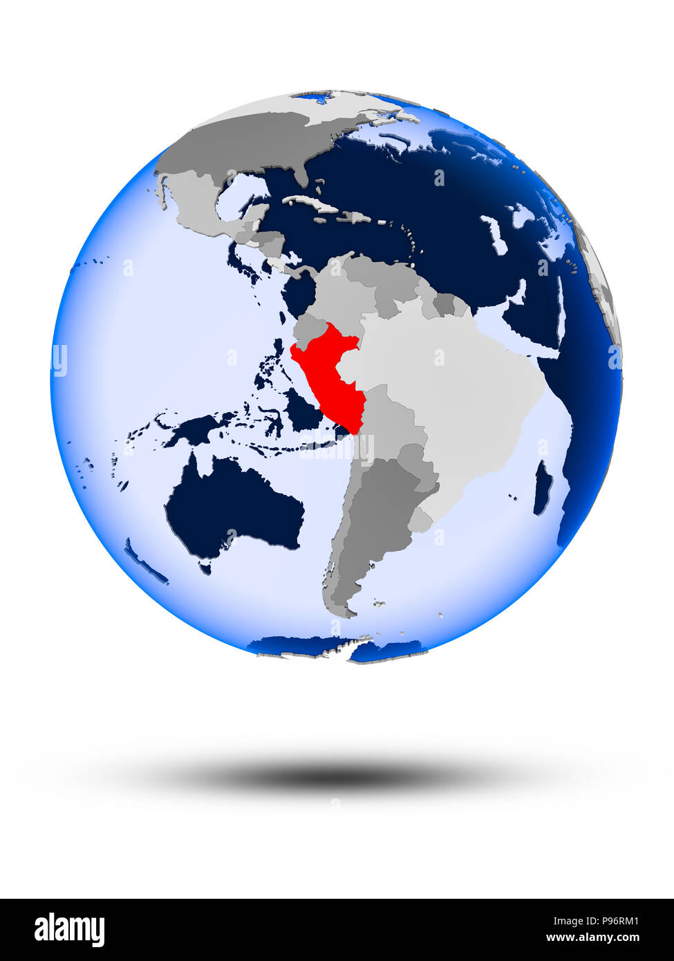 Peru on political globe with shadow and translucent oceans isolated on ...