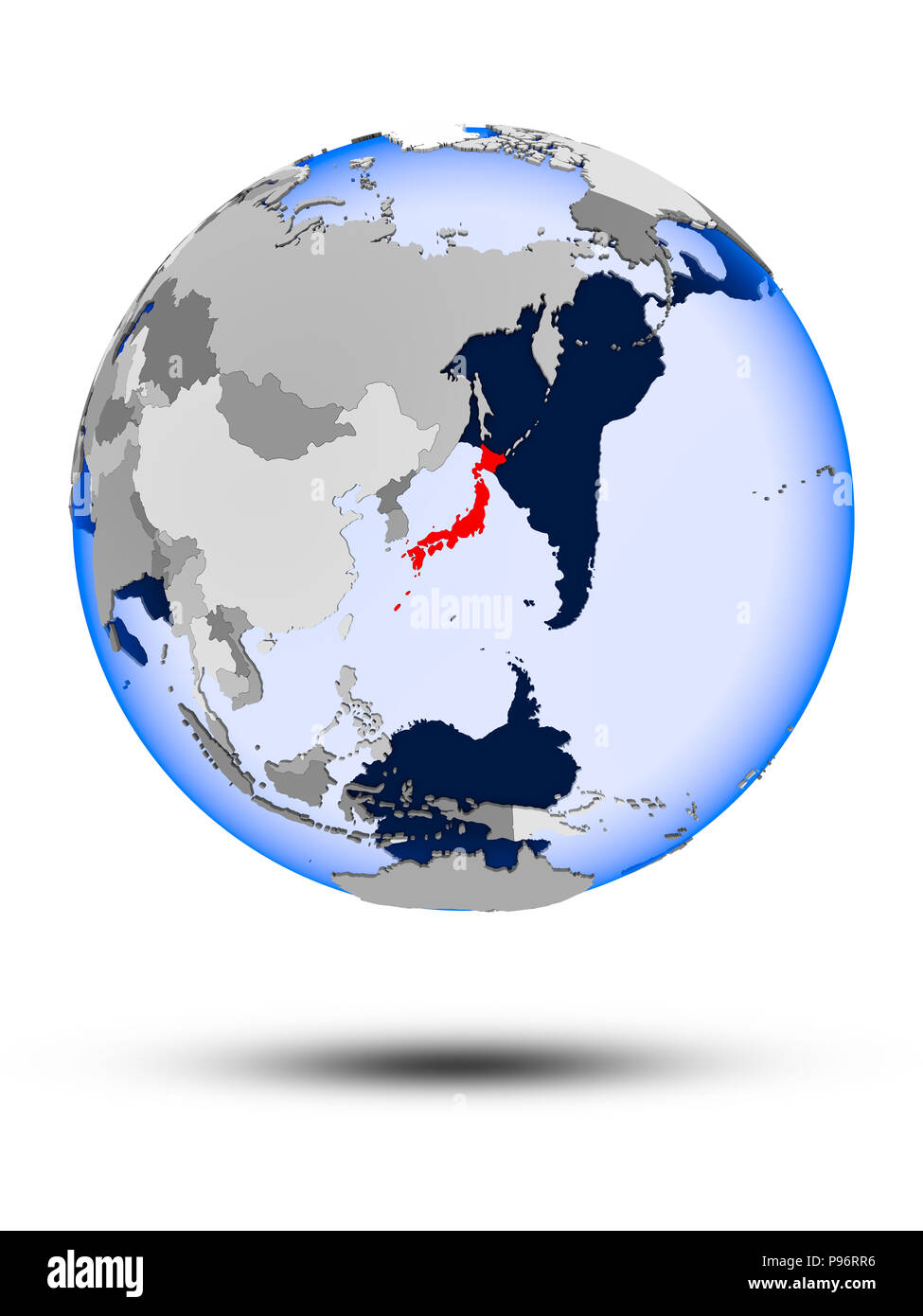 Japan on political globe with shadow and translucent oceans isolated on ...