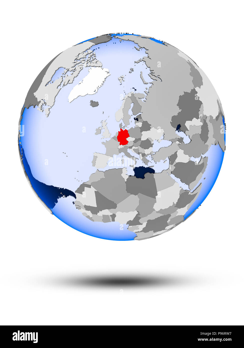 Germany on political globe with shadow and translucent oceans isolated ...
