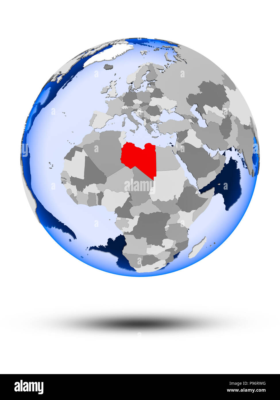 Libya on political globe with shadow and translucent oceans isolated on ...