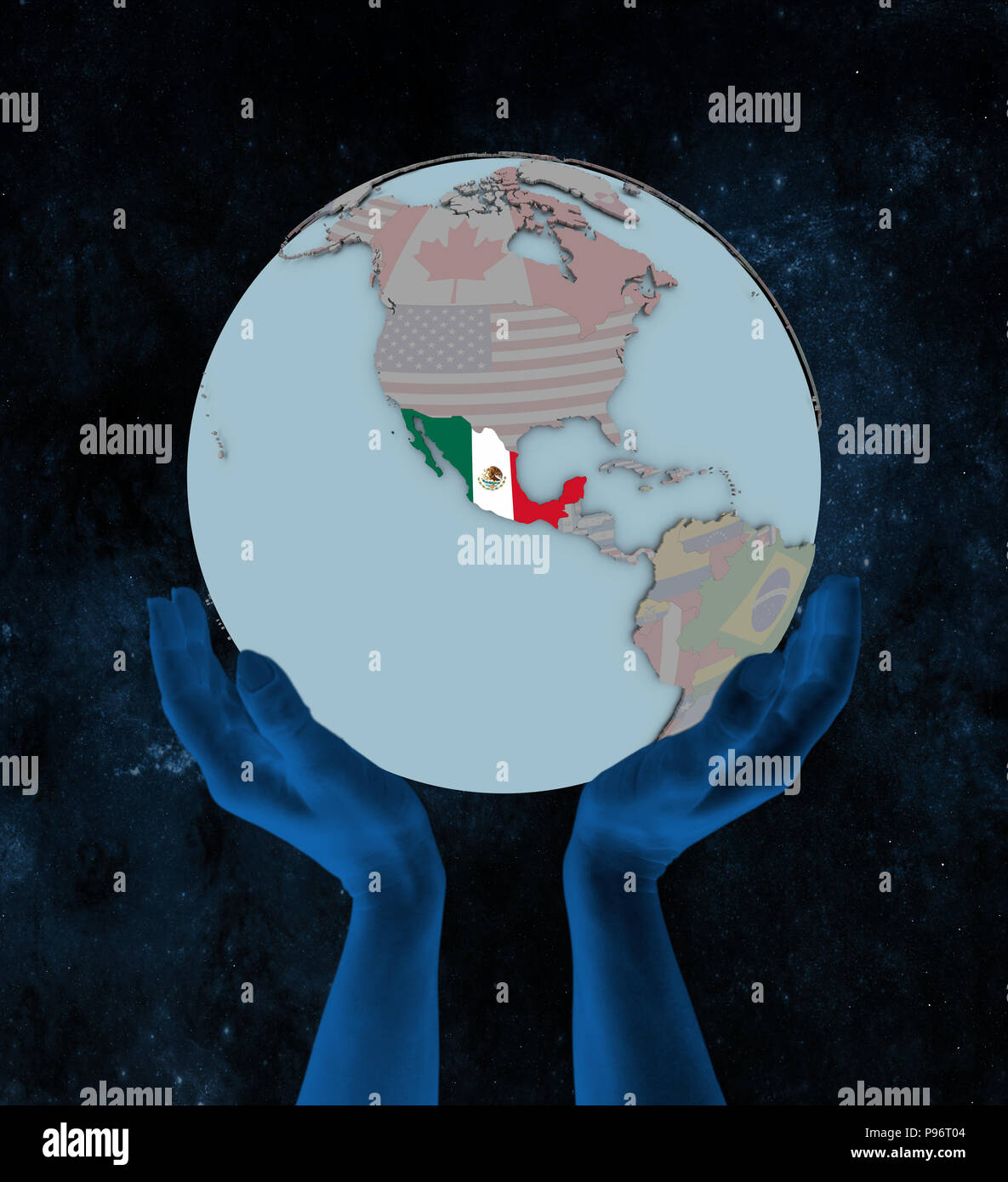 Mexico with flag on globe in hands in space. 3D illustration Stock ...