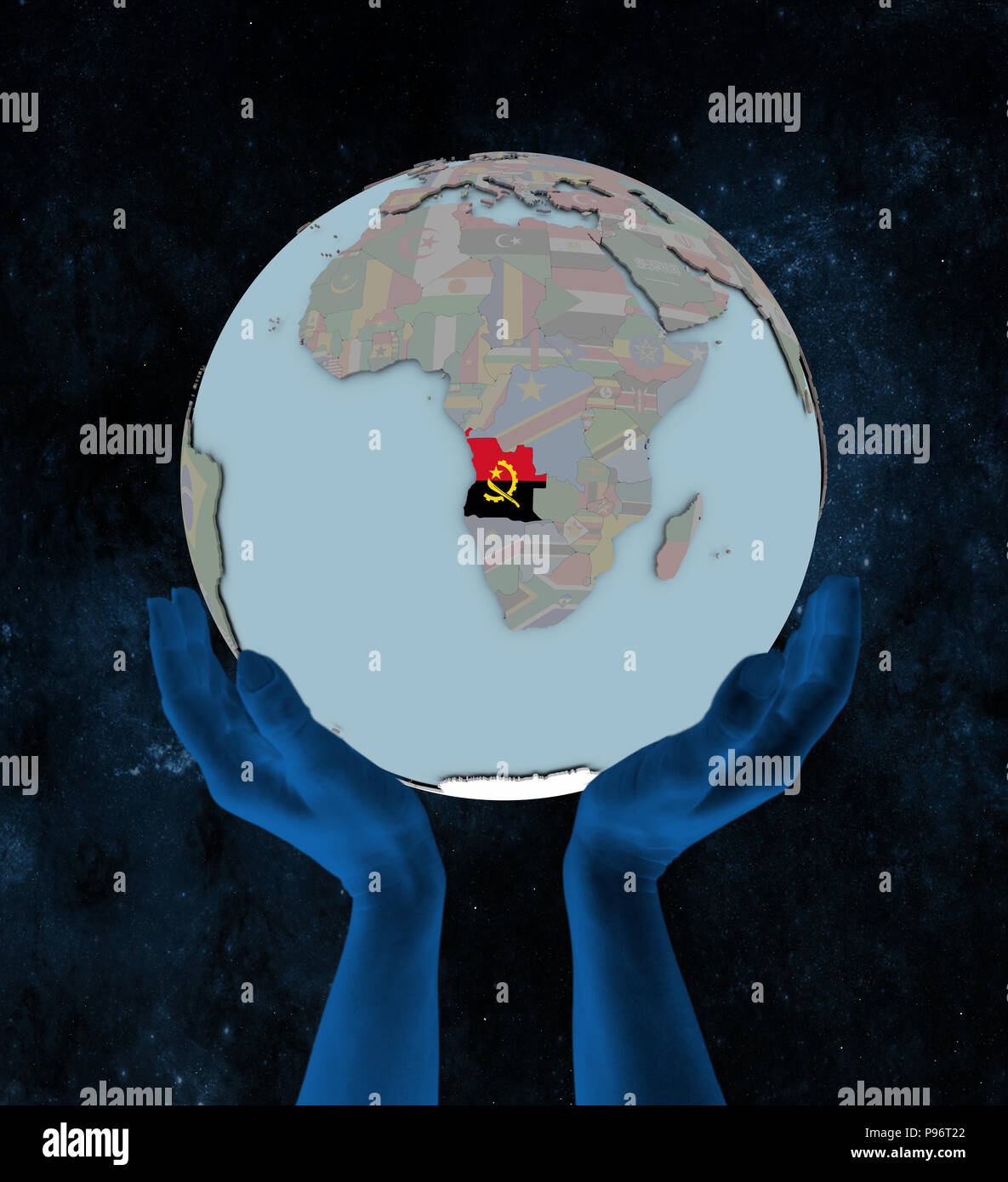 Angola with flag on globe in hands in space. 3D illustration Stock ...