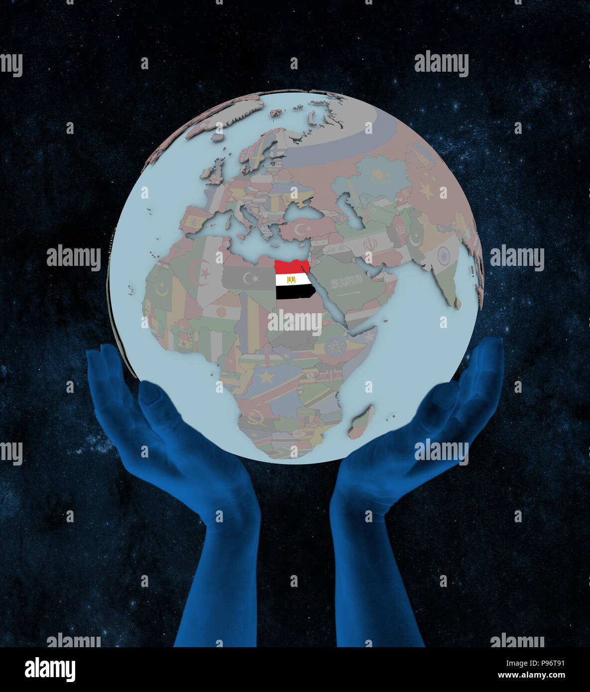Egypt with flag on globe in hands in space. 3D illustration Stock Photo ...