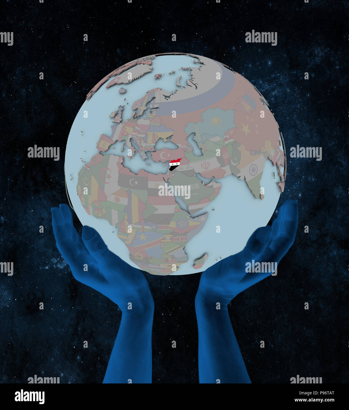 Syria with flag on globe in hands in space. 3D illustration Stock Photo ...