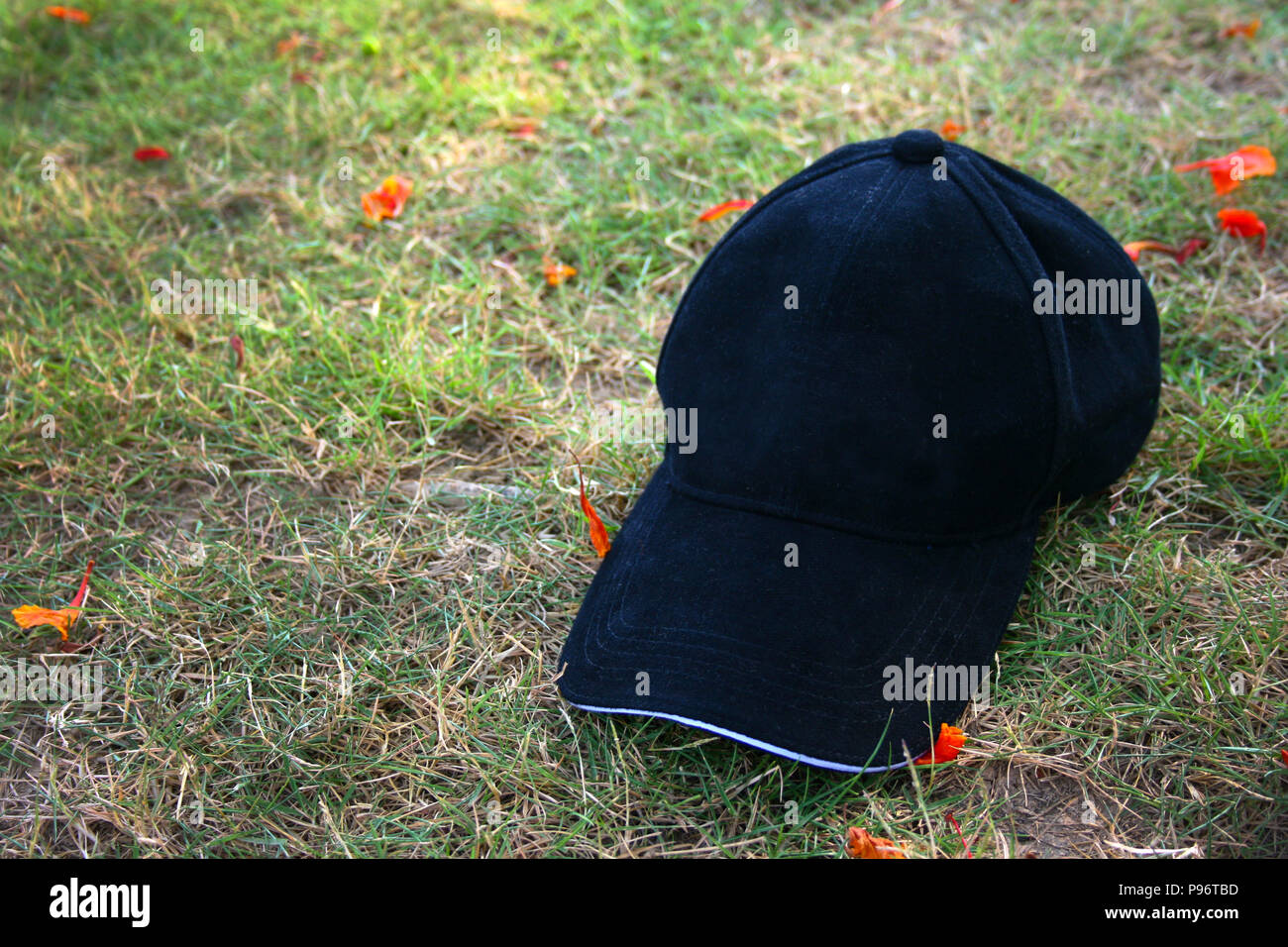 Blank Black cap on green grass background Stock Photo - Alamy