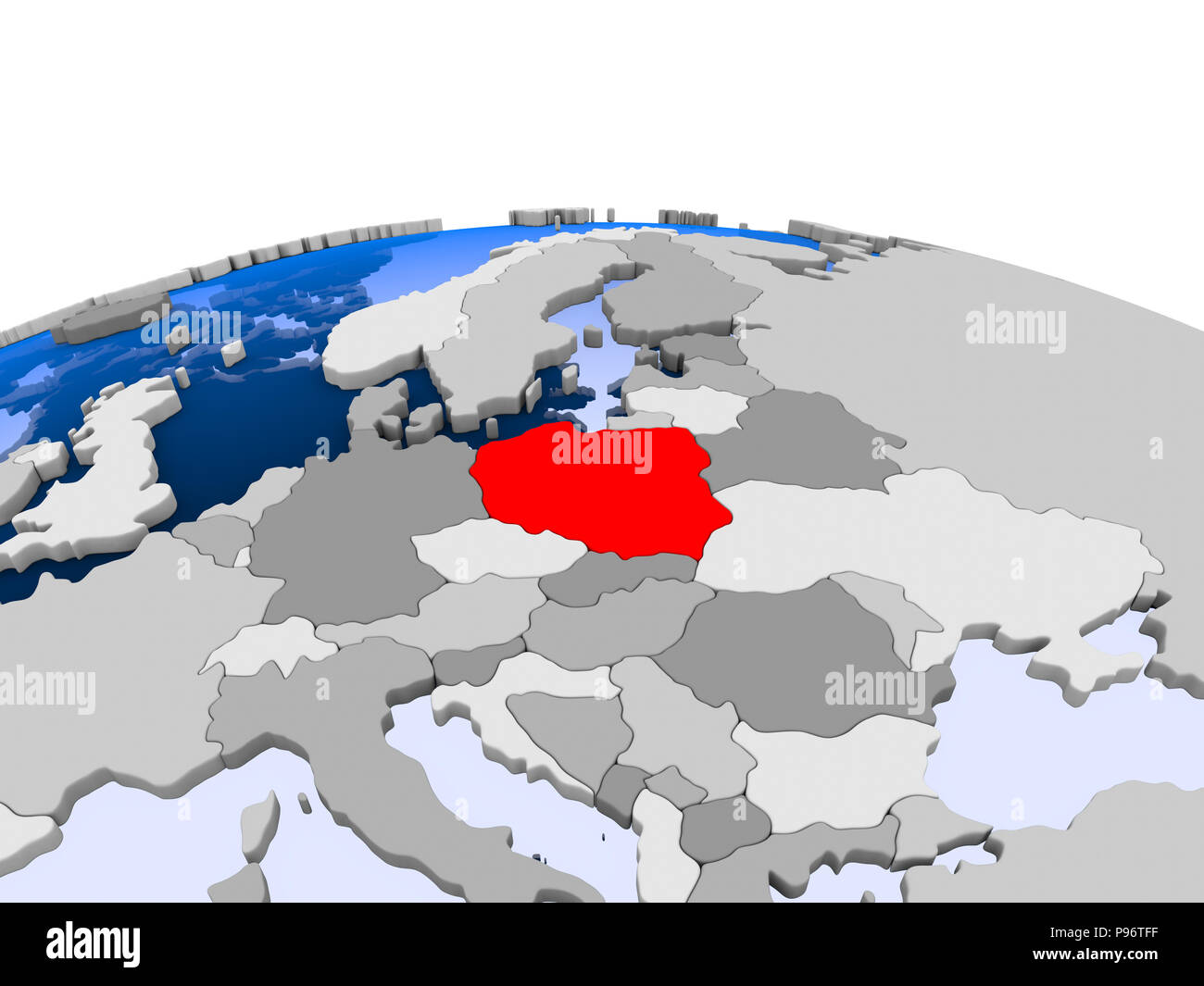 Poland highlighted in red on political globe with transparent oceans ...