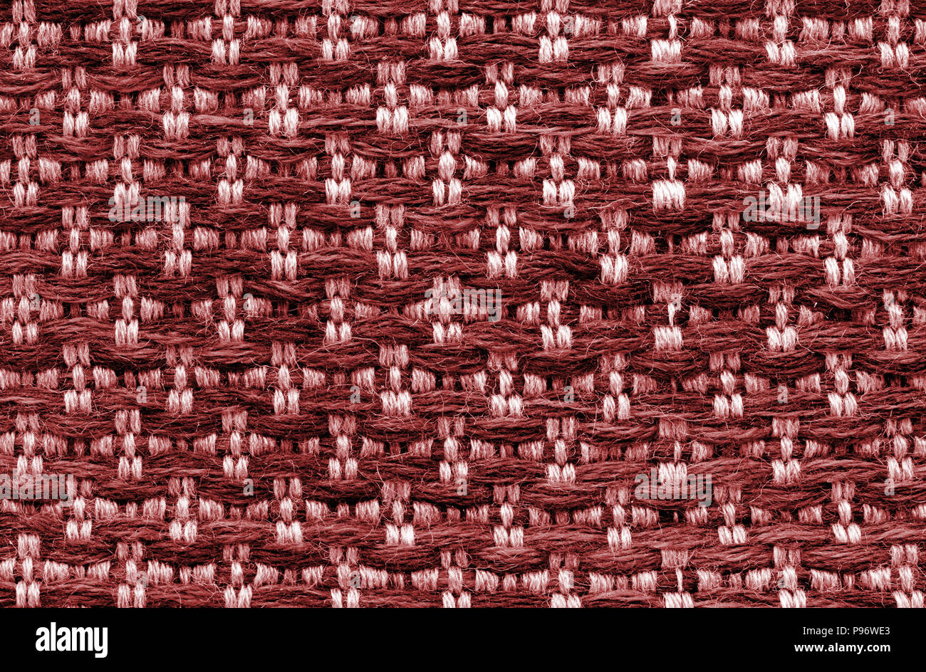 Red hand weaving matting tweed fabric texture. Closeup horizontal ...