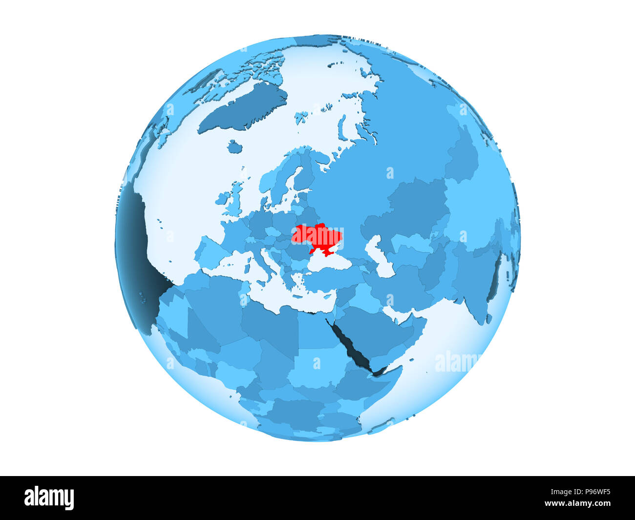 Ukraine highlighted in red on blue political globe with transparent ...