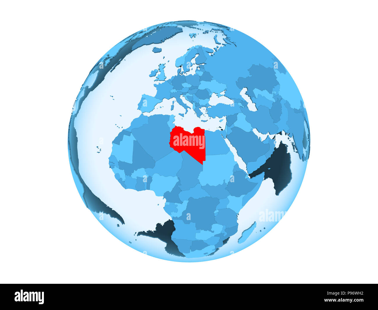 Libya highlighted in red on blue political globe with transparent ...