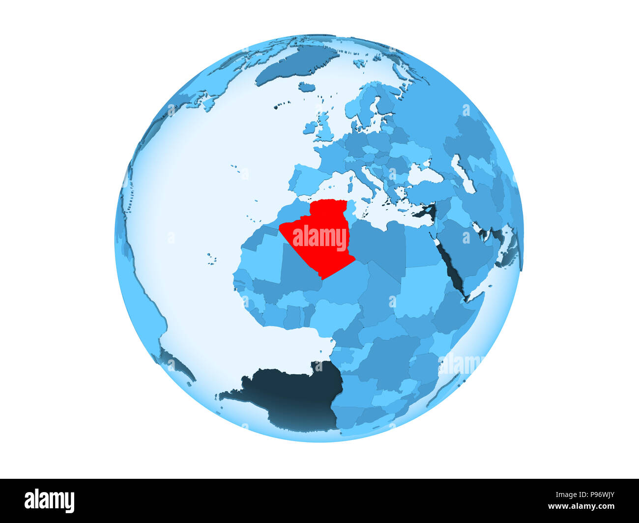 Algeria highlighted in red on blue political globe with transparent ...