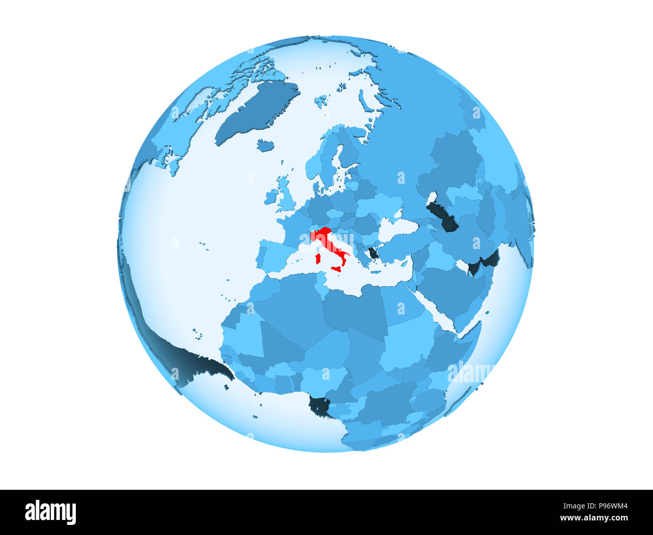 Italy highlighted in red on blue political globe with transparent ...