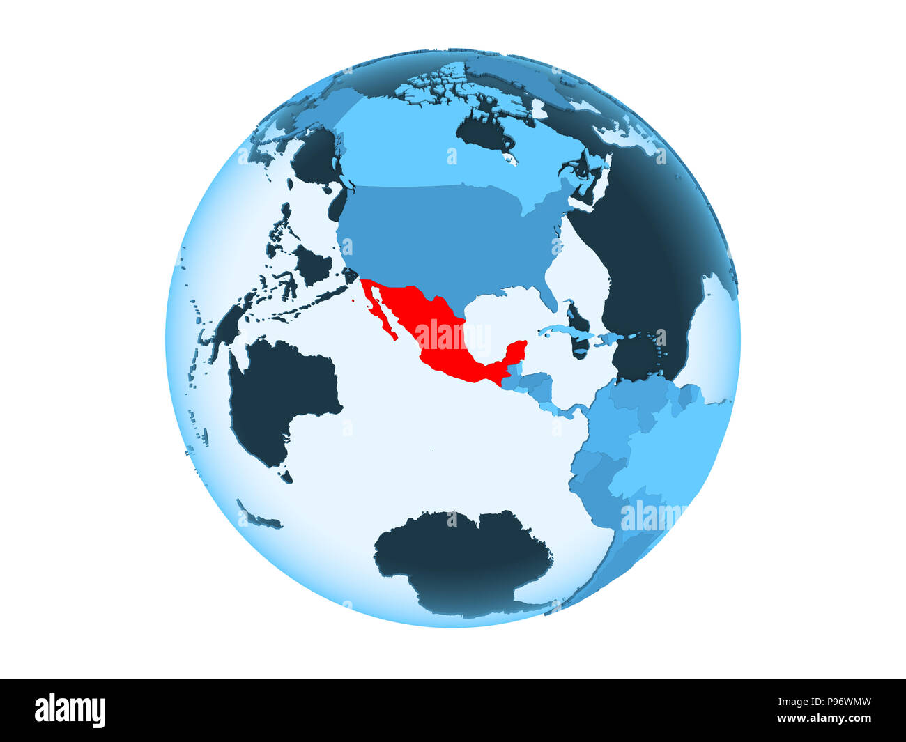 Mexico highlighted in red on blue political globe with transparent ...