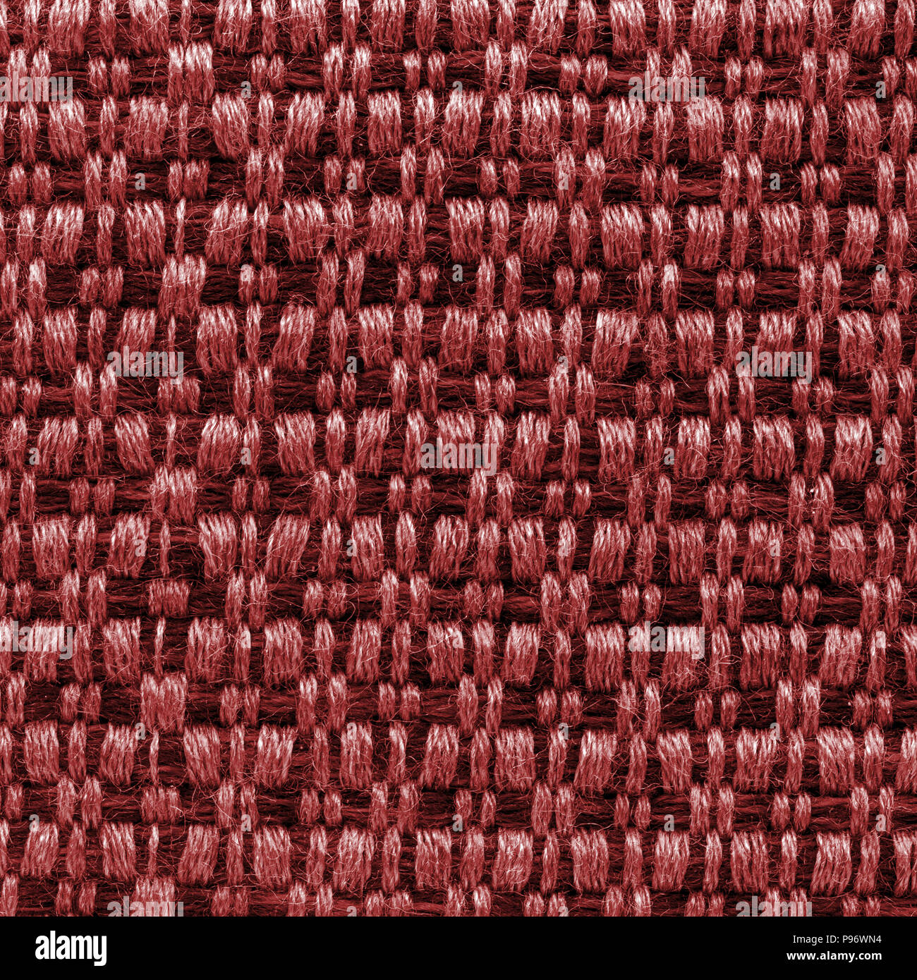 Red hand weaving matting tweed fabric texture. Closeup square fragment ...