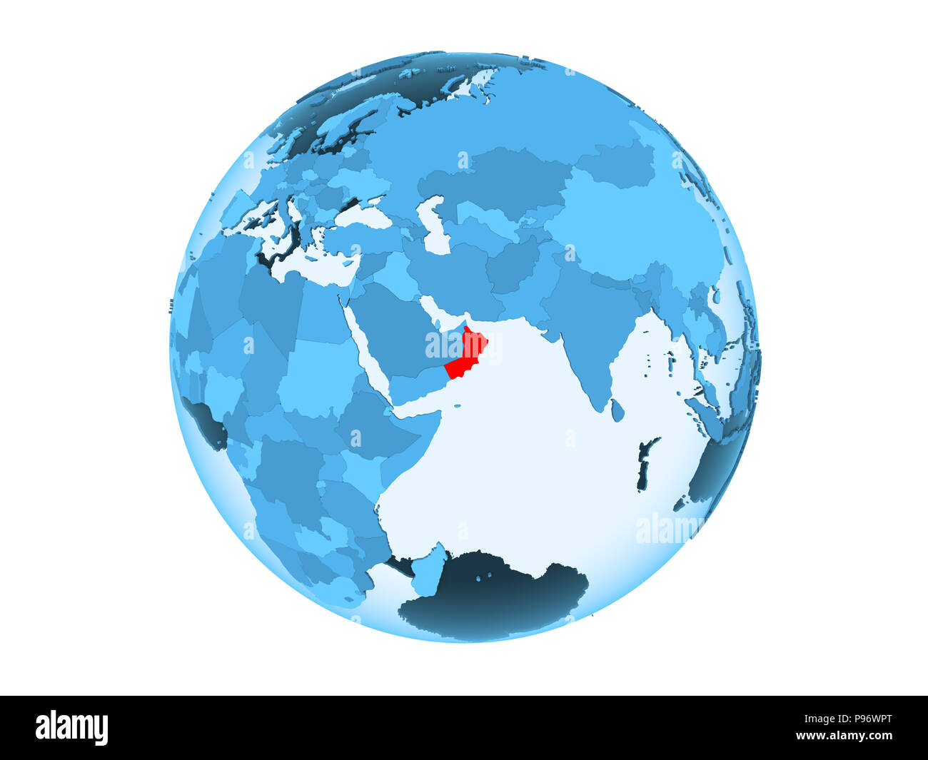 Oman highlighted in red on blue political globe with transparent oceans ...