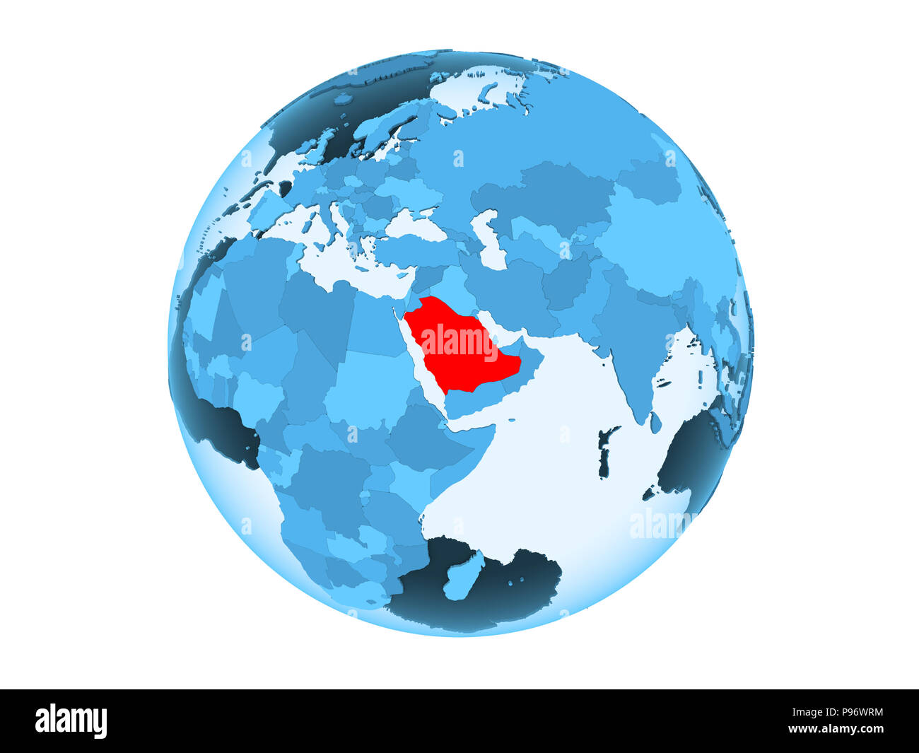 Saudi Arabia highlighted in red on blue political globe with ...