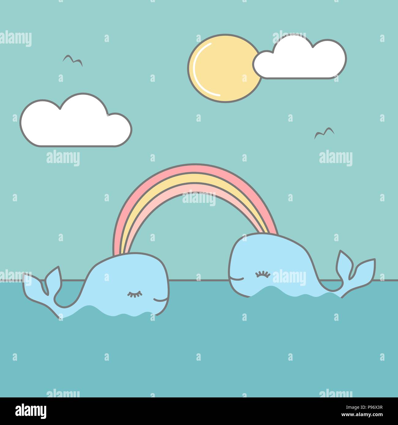 cute cartoon whales in the sea with rainbow funny summer vector ...