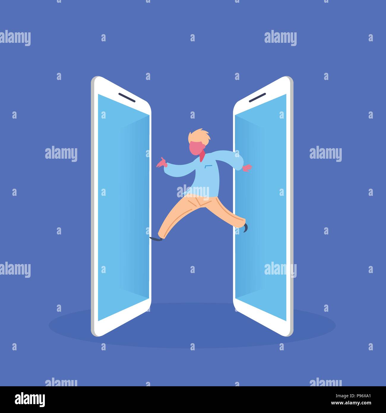 casual man climbing between two smartphones over blue background flat ...