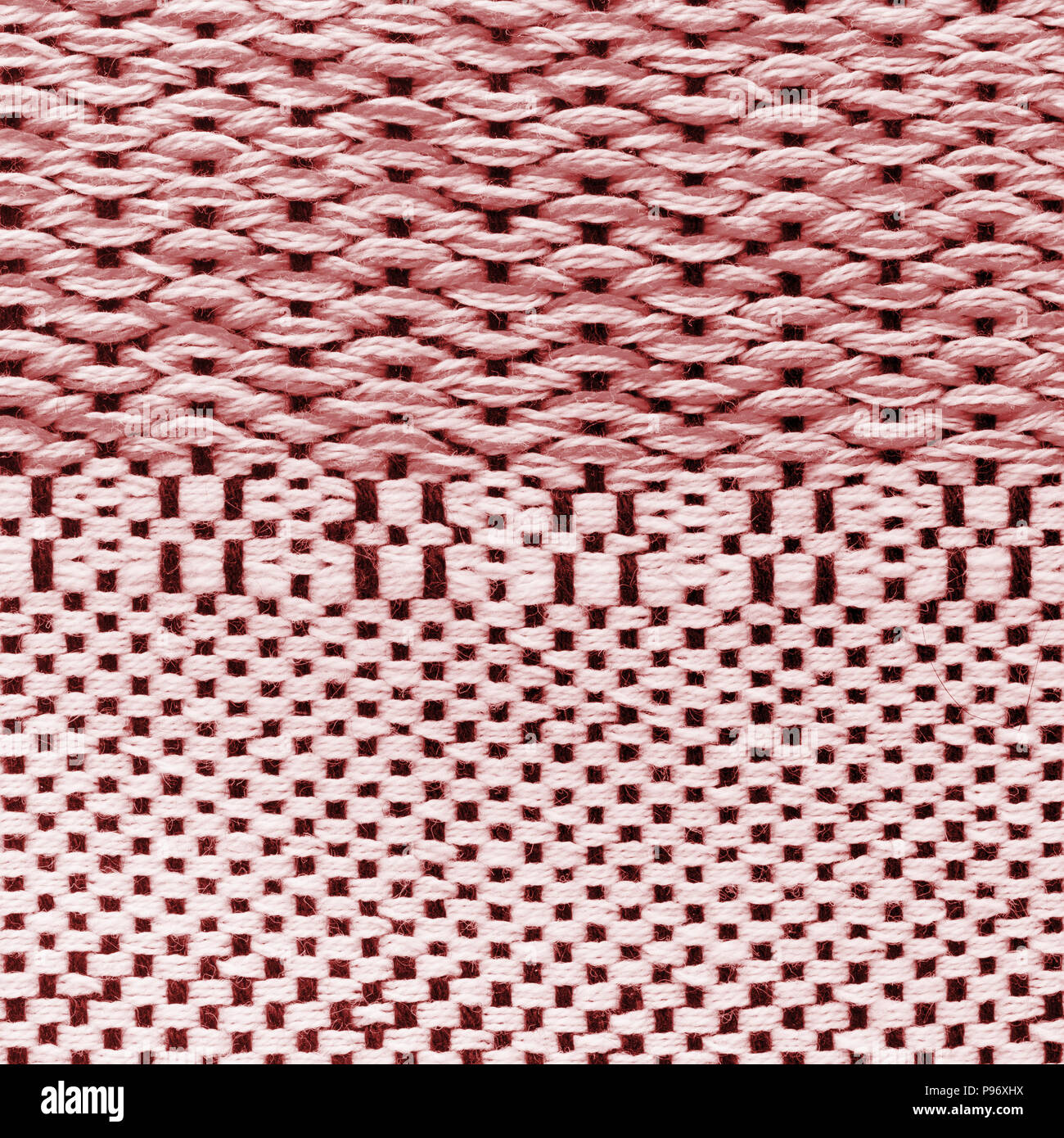 Red hand weaving matting tweed fabric texture. Closeup square fragment ...