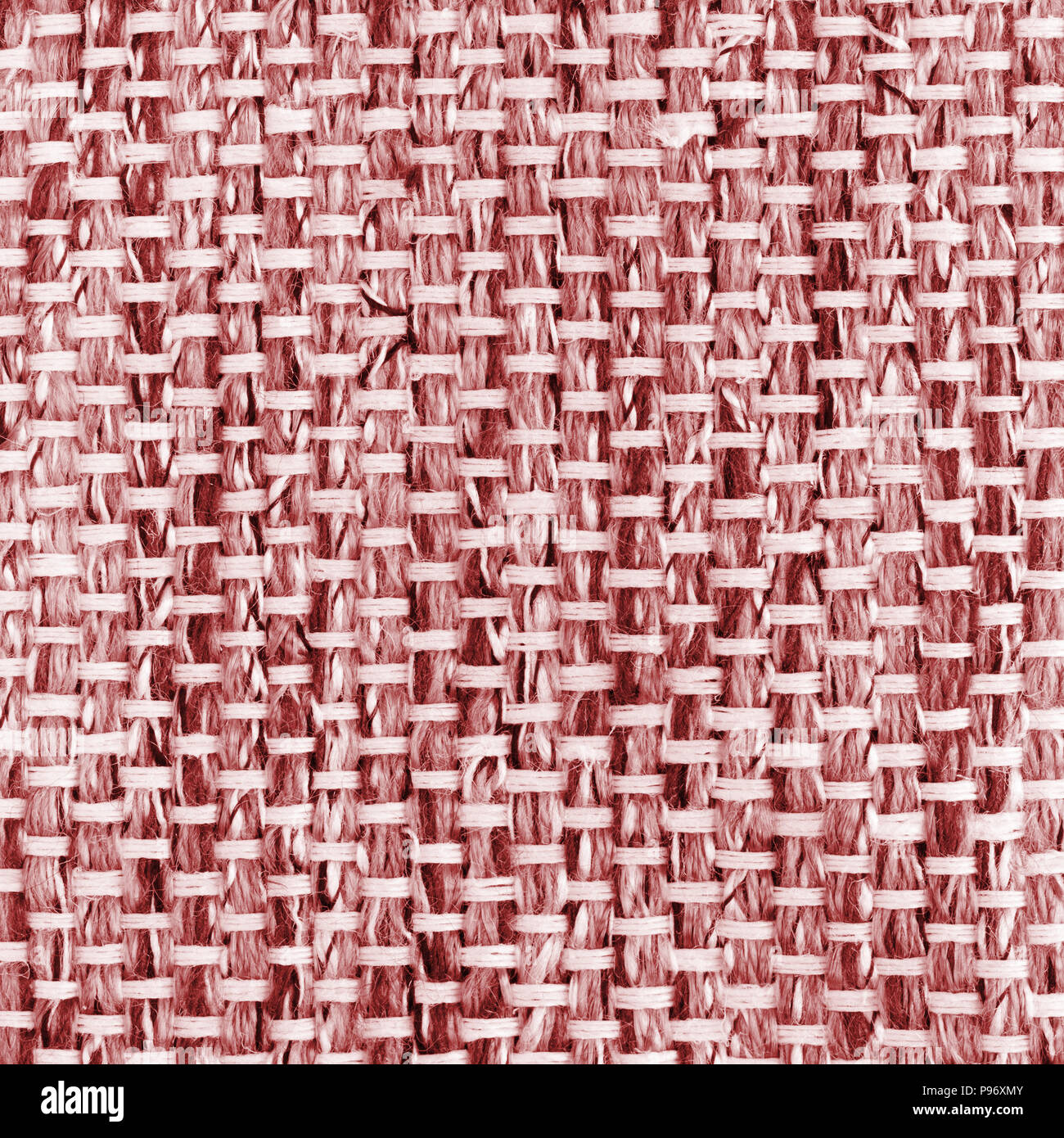 Red hand weaving matting tweed fabric texture. Closeup square fragment ...