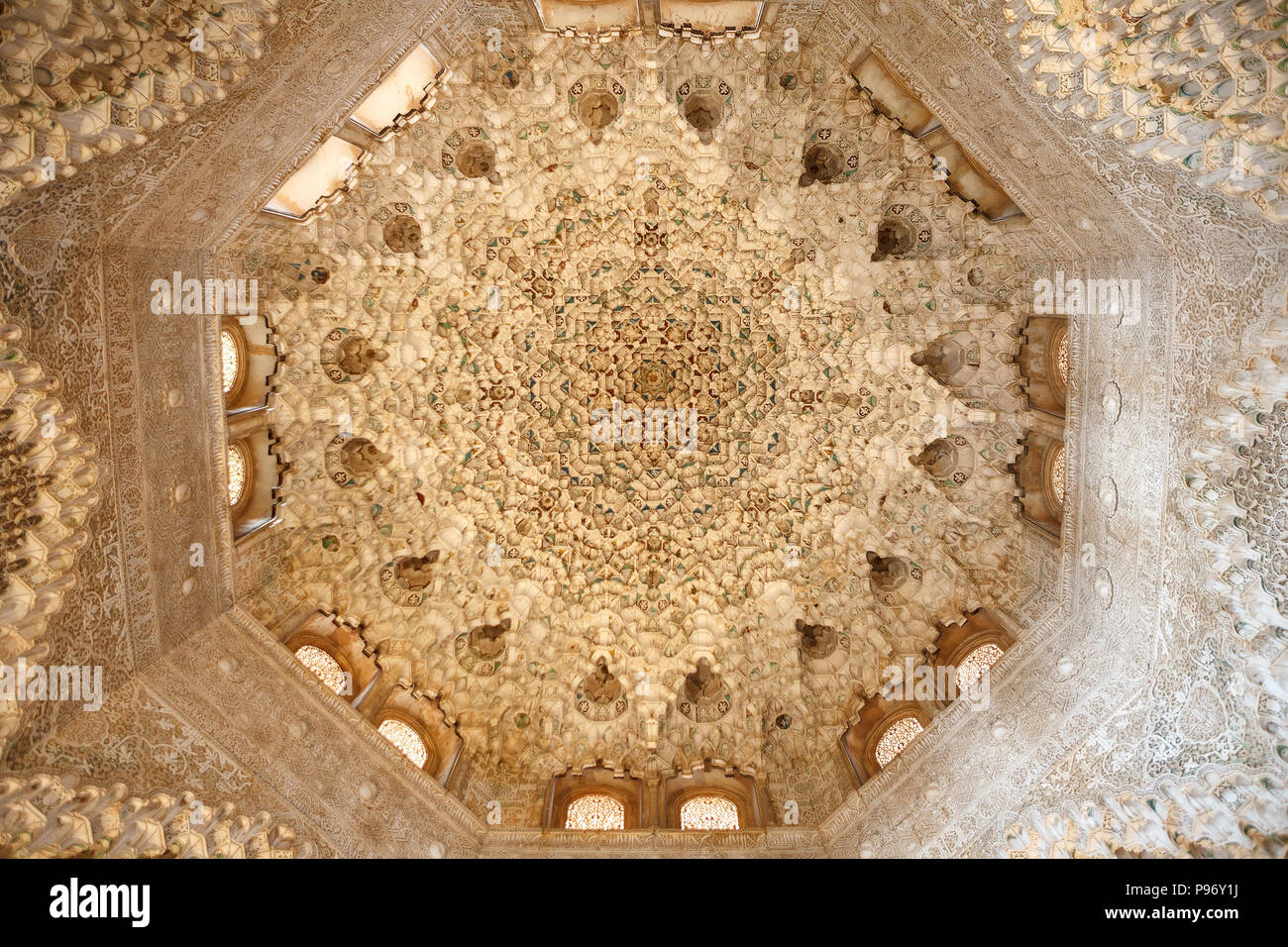 Detail of interior of Alhambra, Granada. Muqarnas ceiling decoration ...