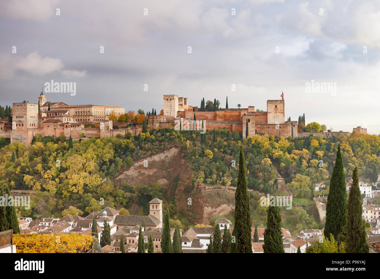 Landscape view of Alhambra castle from town. Granada, Andalusia, Spain ...
