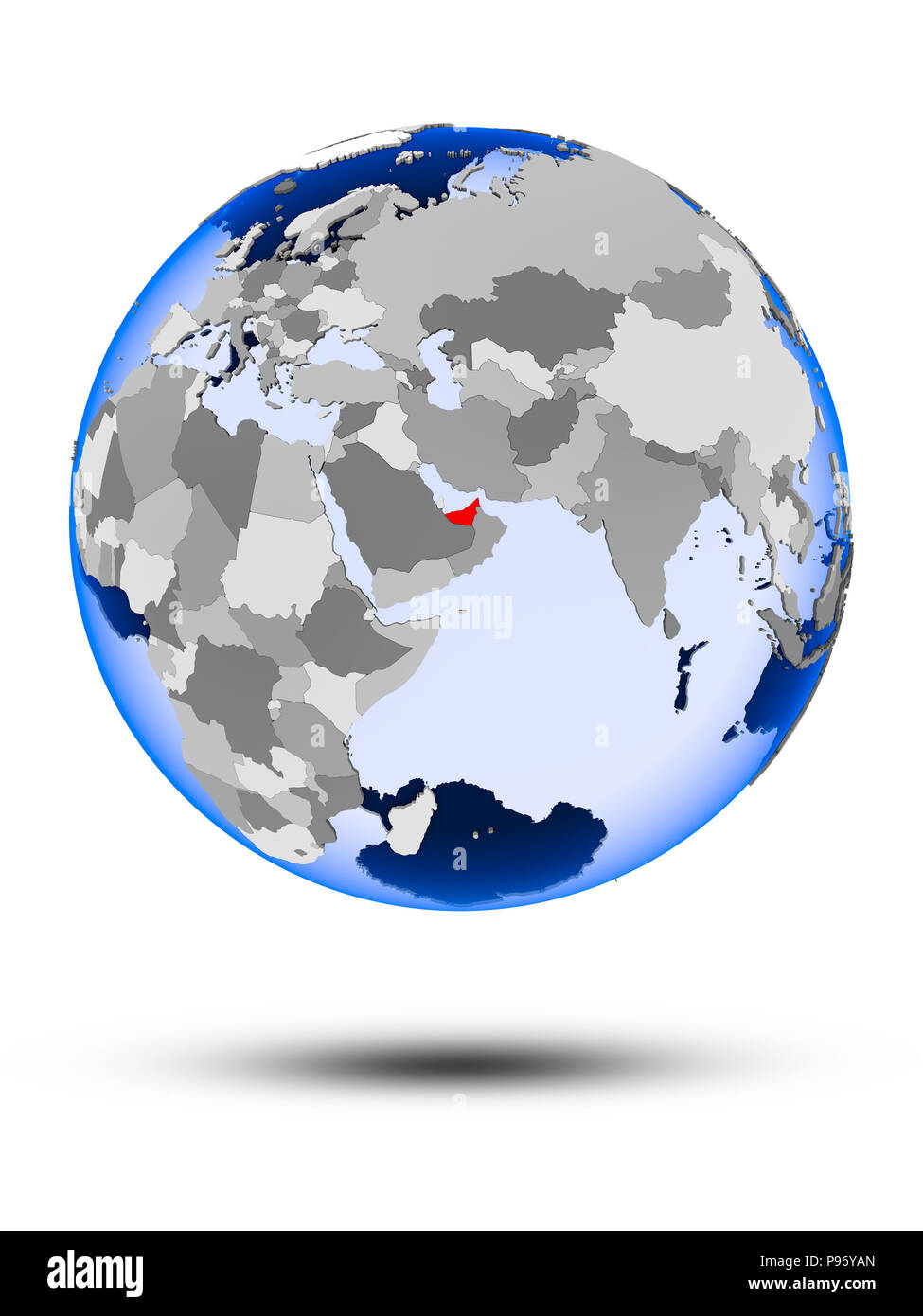 United Arab Emirates on political globe with shadow and translucent ...