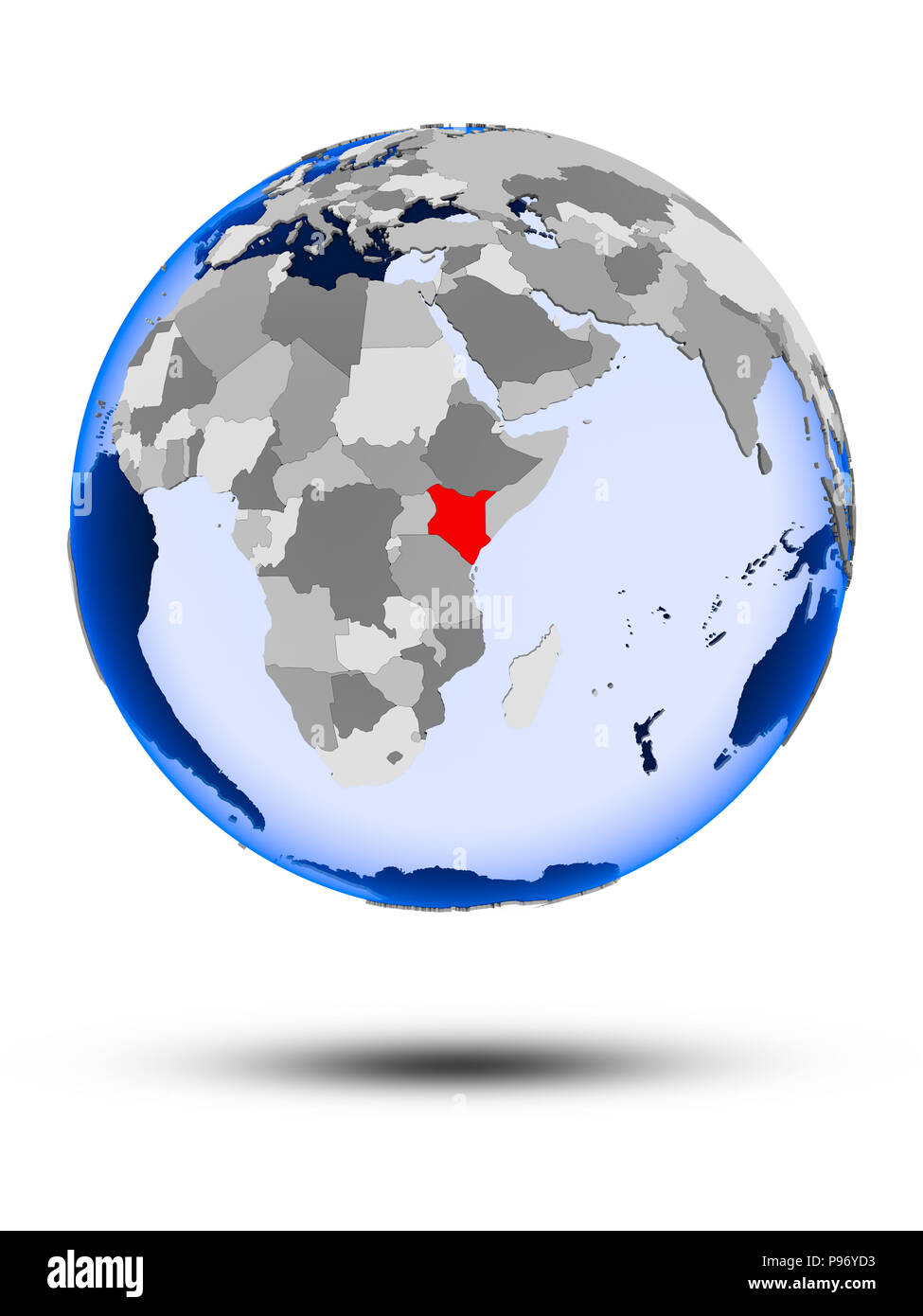 Kenya on political globe with shadow and translucent oceans isolated on ...