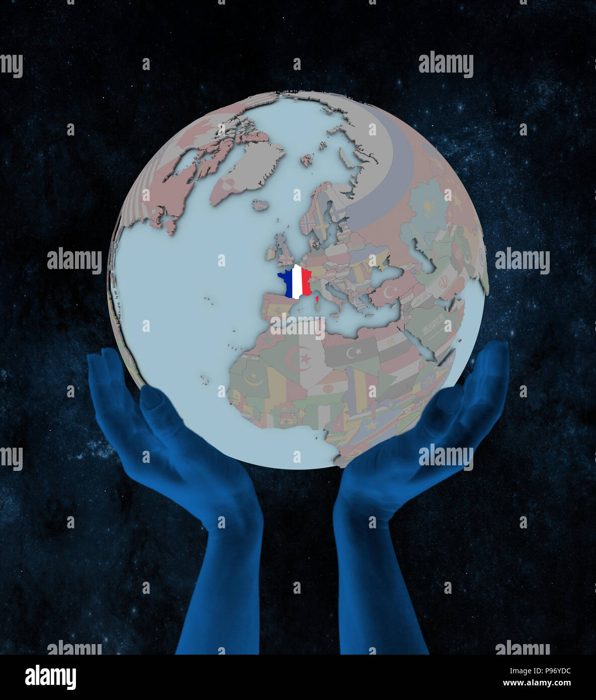 France with flag on globe in hands in space. 3D illustration Stock ...