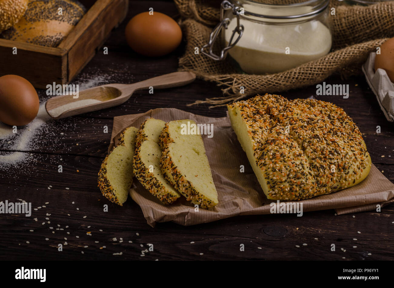 Homemade bread, product photo, selective focus, others pastries behind ...