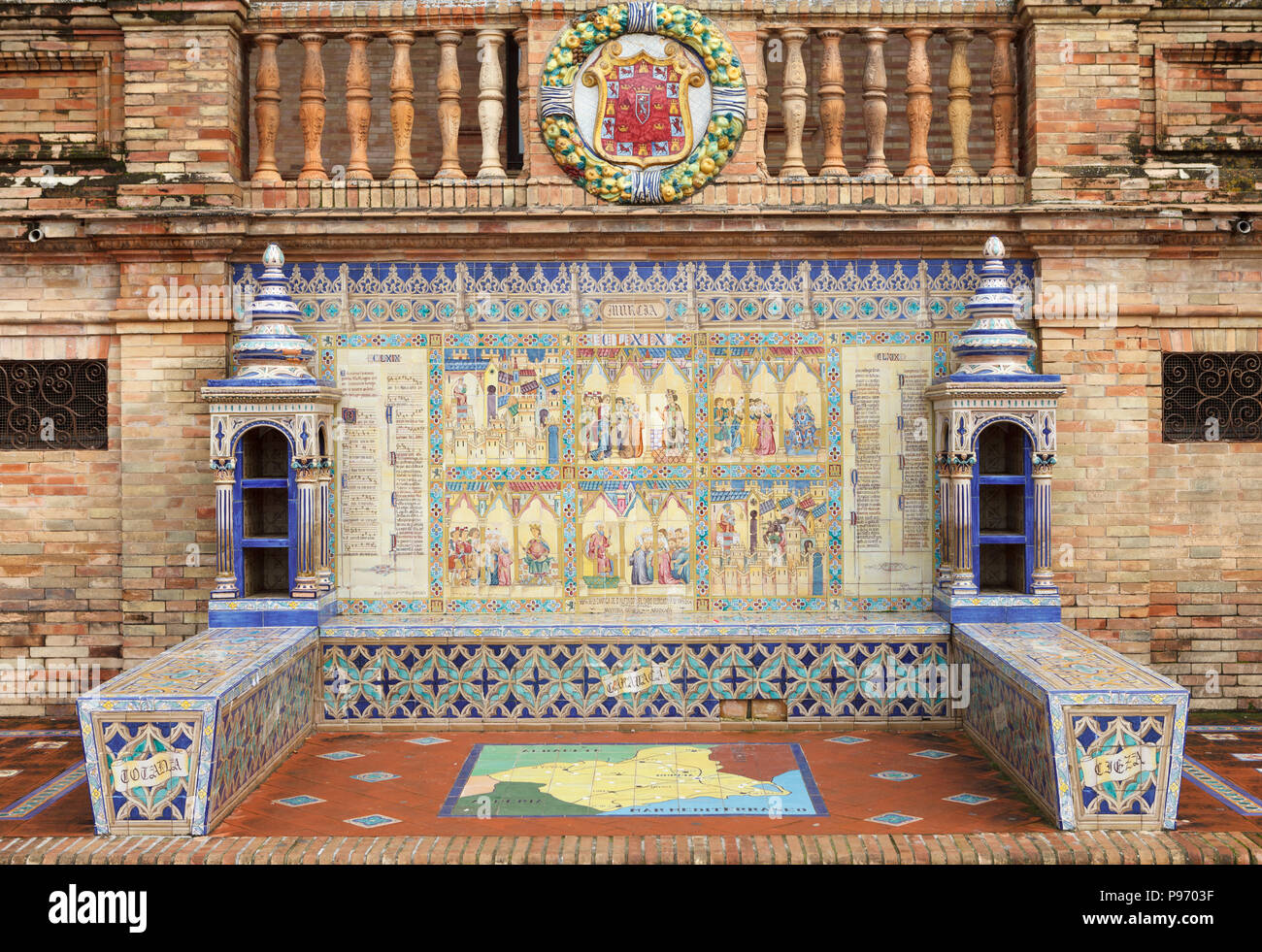Symbol of Murcia. Coat of arms, map and decorative panels on Plaza de ...