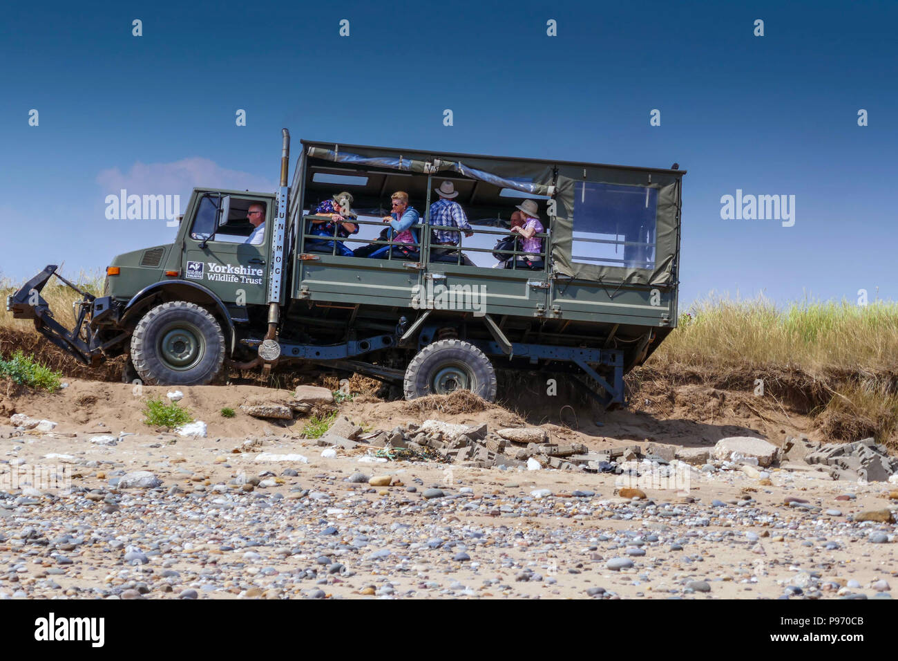 Unimog four wheel drive vehicle at Spurn Head, Spurn Point, sand spit ...