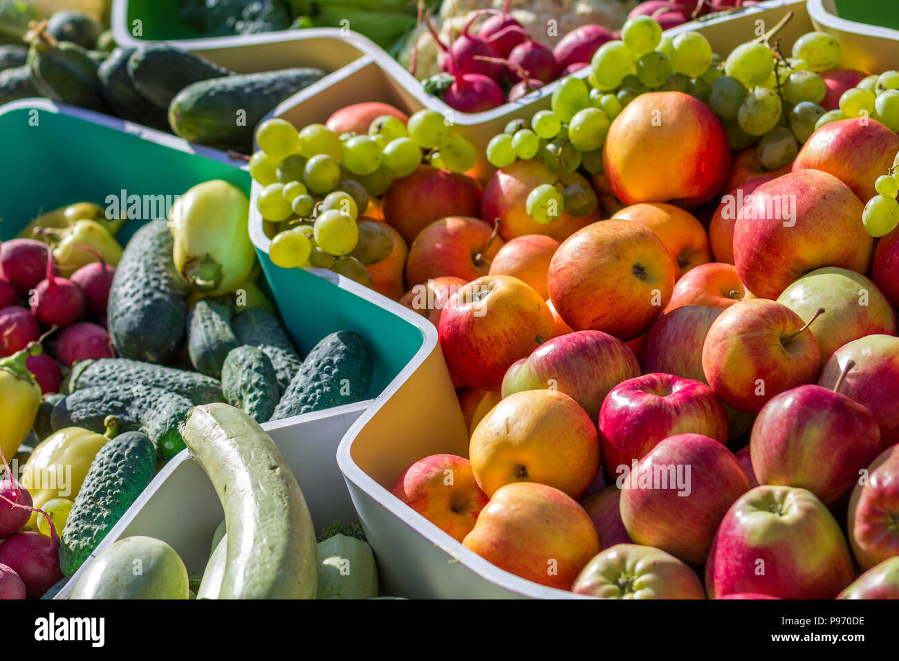 Farmers fruit market with various colorful fresh fruits and vegetables ...