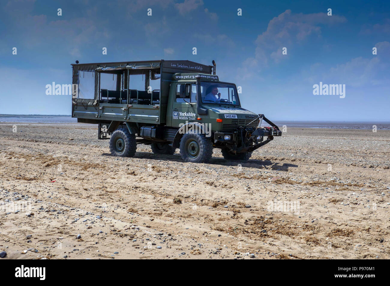 Unimog four wheel drive vehicle at Spurn Head, Spurn Point, sand spit ...
