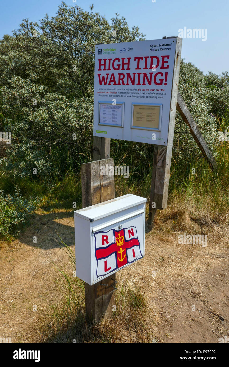RNLI and High Tide warning sign, Spurn Head, Spurn Point, sand spit ...