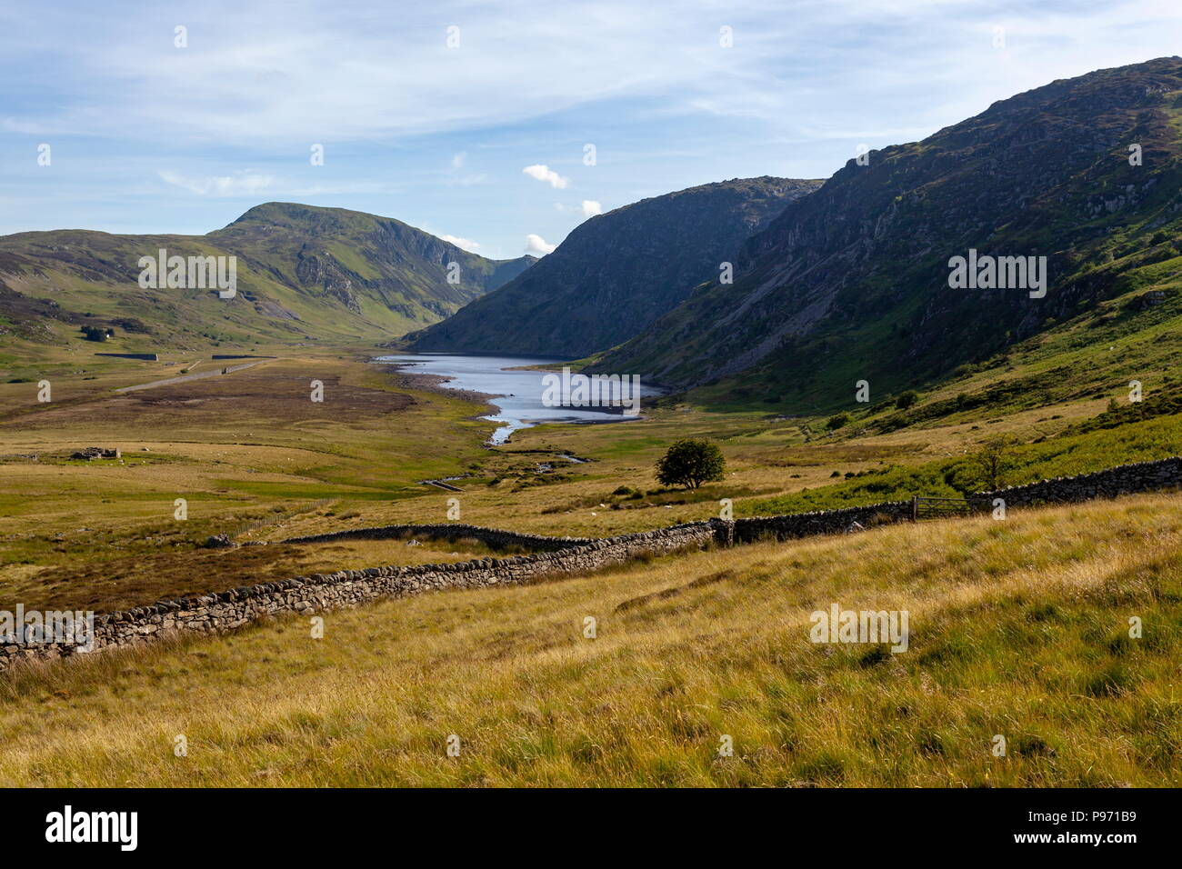 The valley of Cwm Eigiau with views towards Llyn Eigiau an old ...