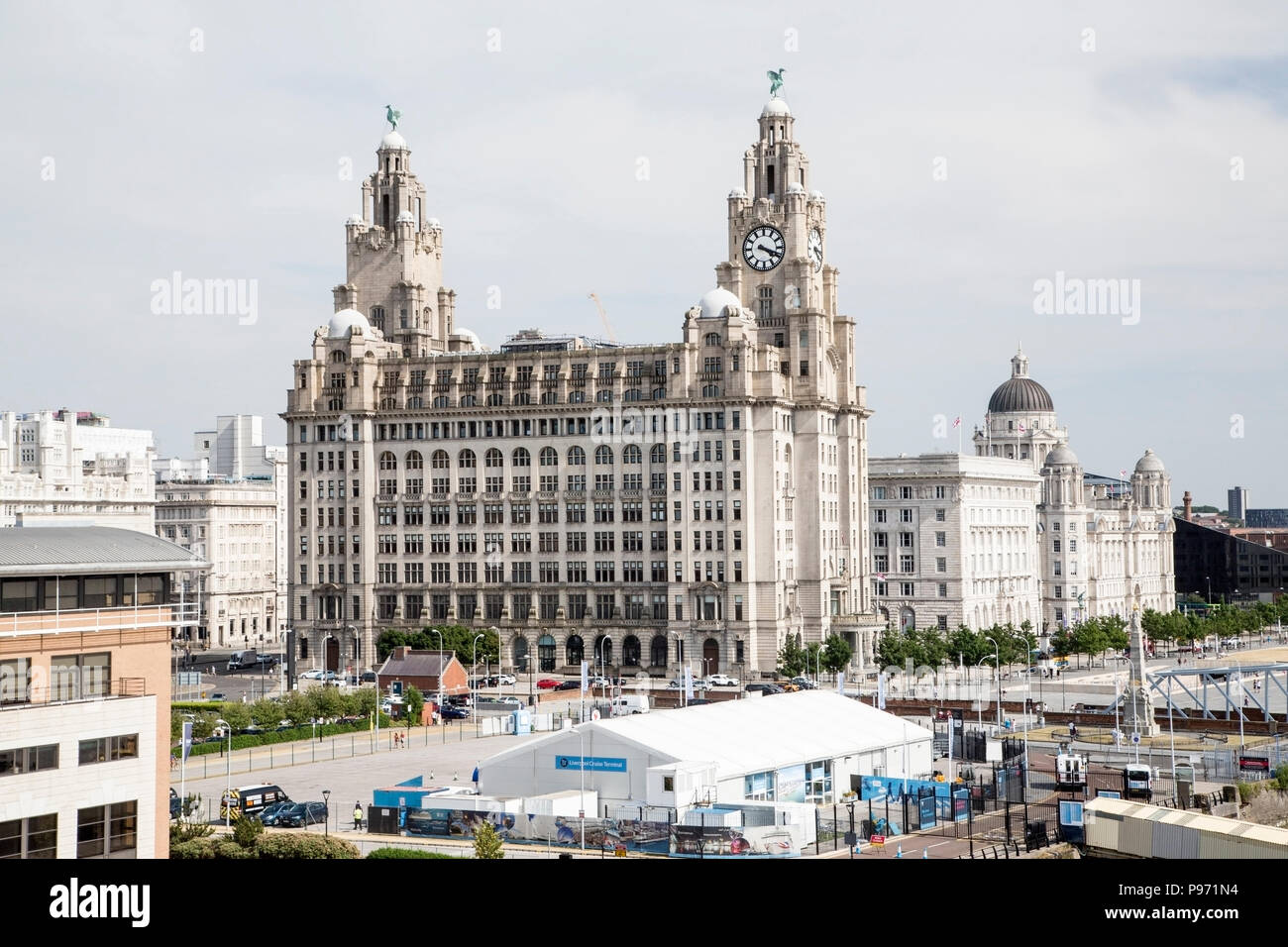 view of the Liver Building on Liverpool Pier head showing clock towers ...