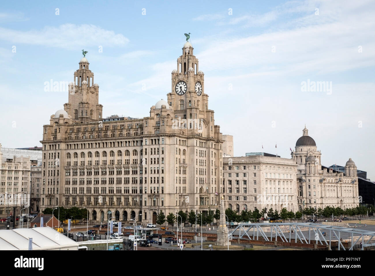 view of the Liver Building on Liverpool Pier head showing clock towers ...
