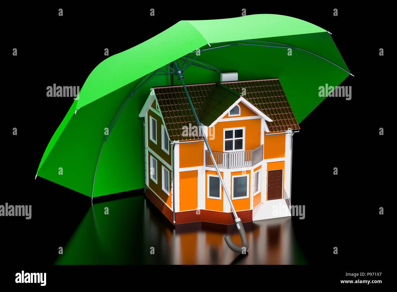 House security and protection concept. Home under umbrella, 3D ...