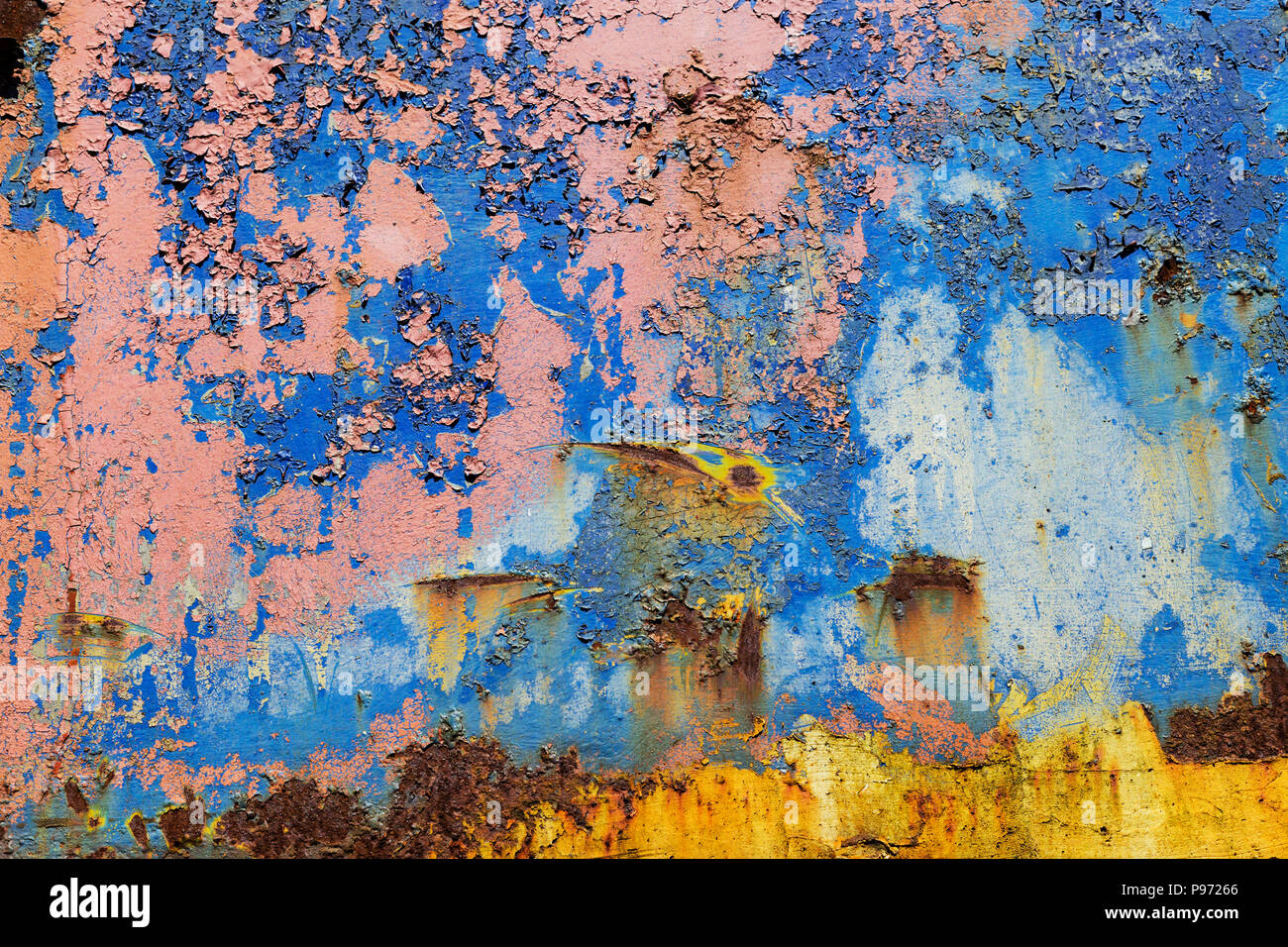 Texture of rusty colorful metal background with a peeling cracked ...