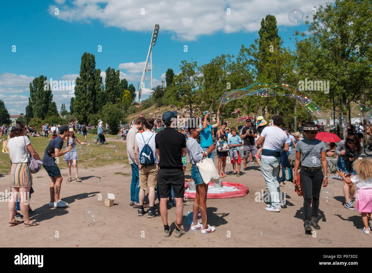 Berlin, Germany - july 2018: Crowd of people in Park (Mauerpark) on a ...