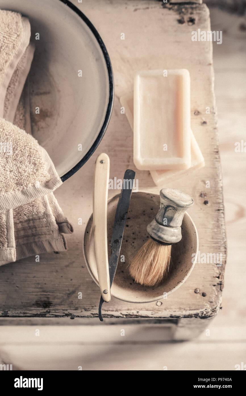 Classic tools for shave. Sharp razor, soap and brush Stock Photo - Alamy