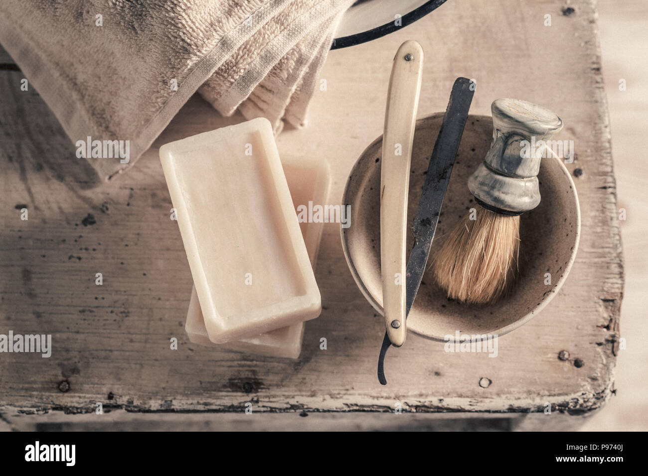 Vintage tools for shave with foam, razor and brush Stock Photo - Alamy