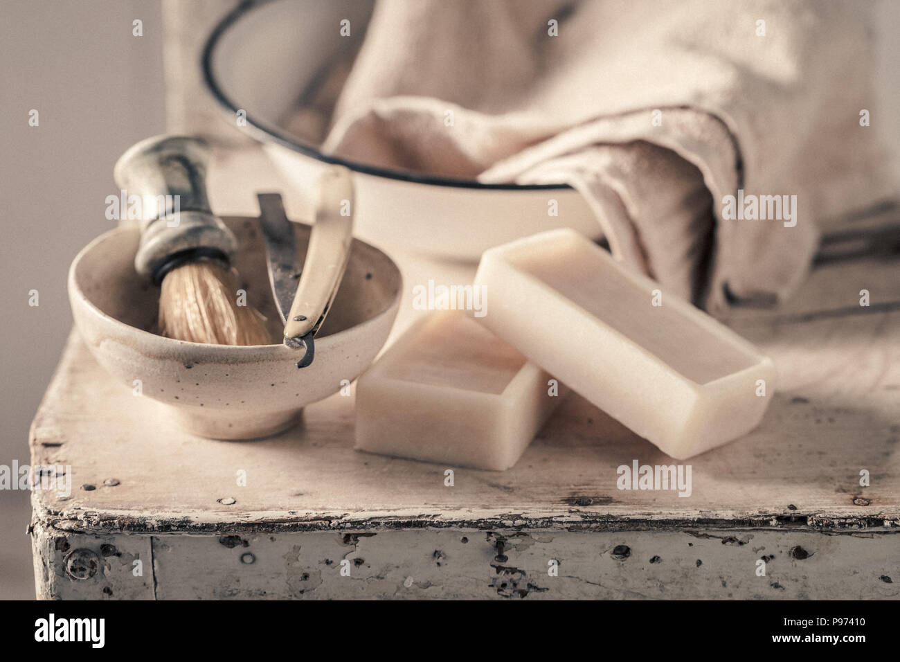 Vintage shaving set with grey soap, razor and brush Stock Photo - Alamy
