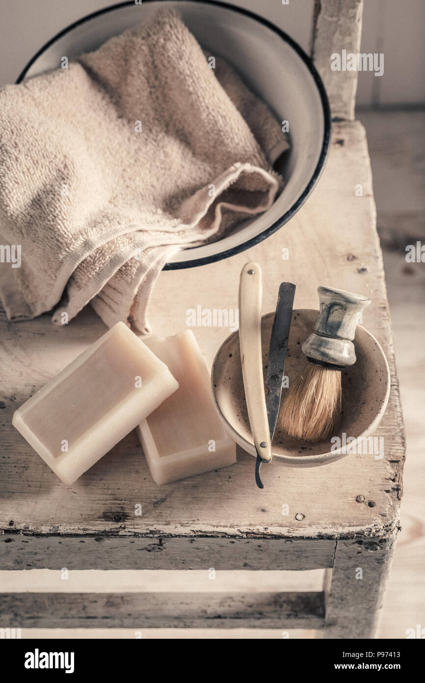 Classic tools for shave with foam, razor and brush Stock Photo - Alamy