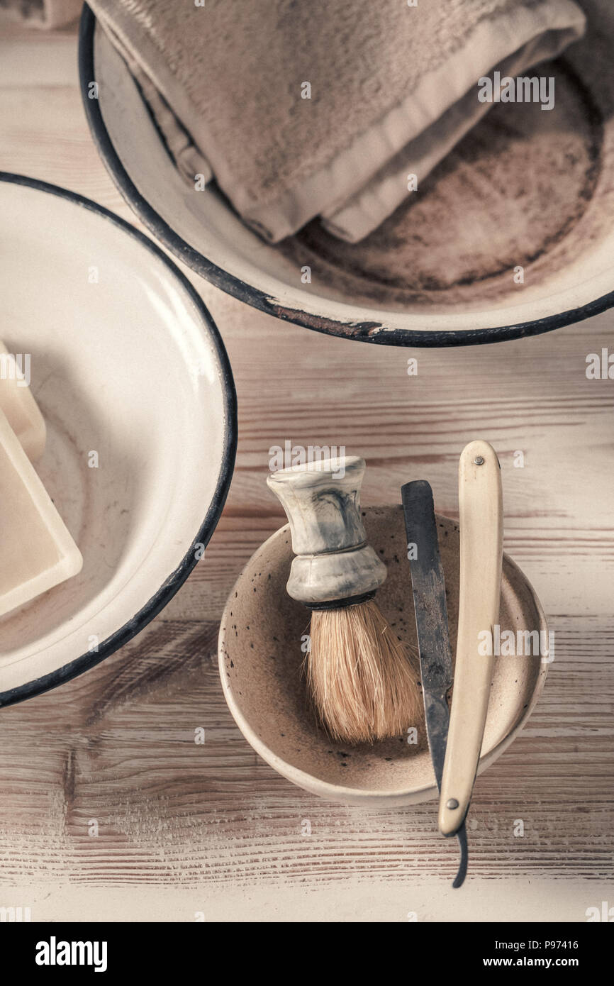 Antique barber equipment. Sharp razor, soap and brush Stock Photo - Alamy