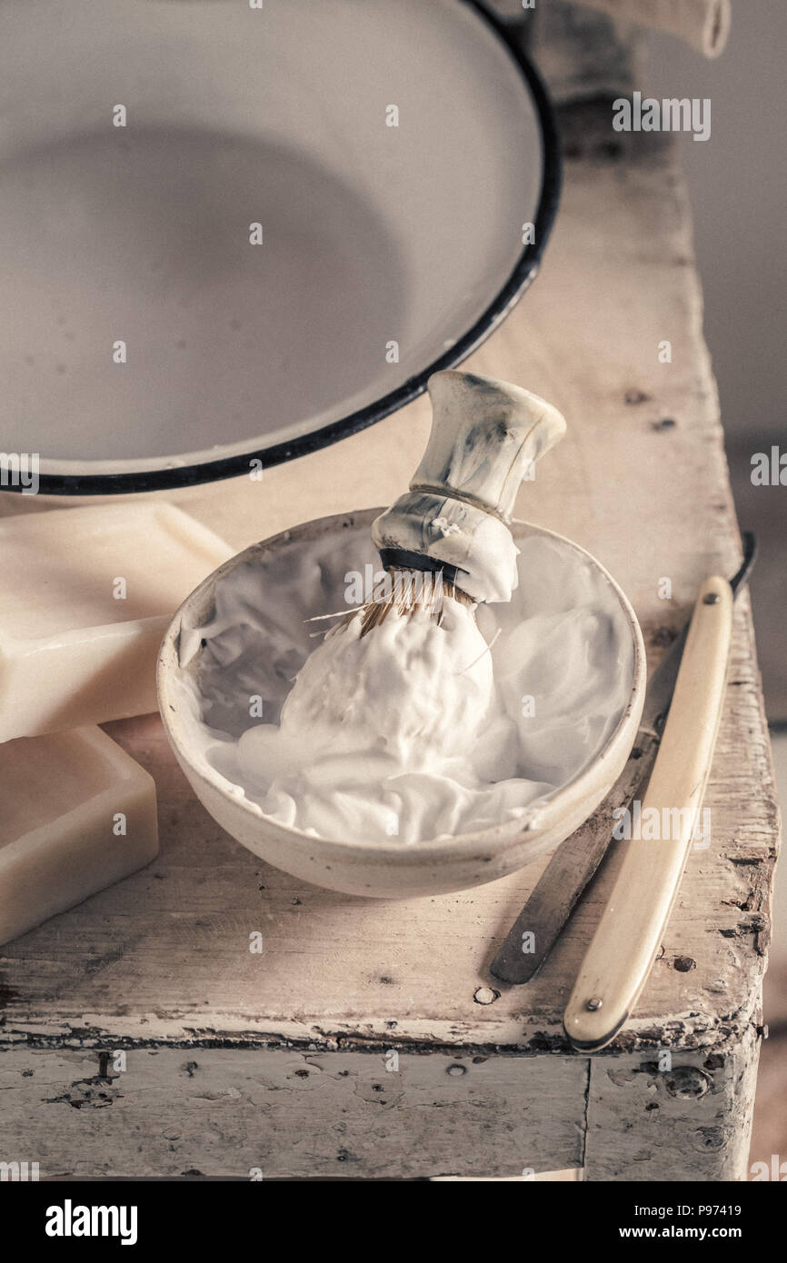 Classic shave tools with foam, razor and brush Stock Photo - Alamy