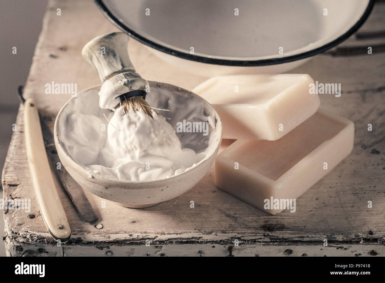 Vintage shave tools with foam, razor and brush Stock Photo - Alamy
