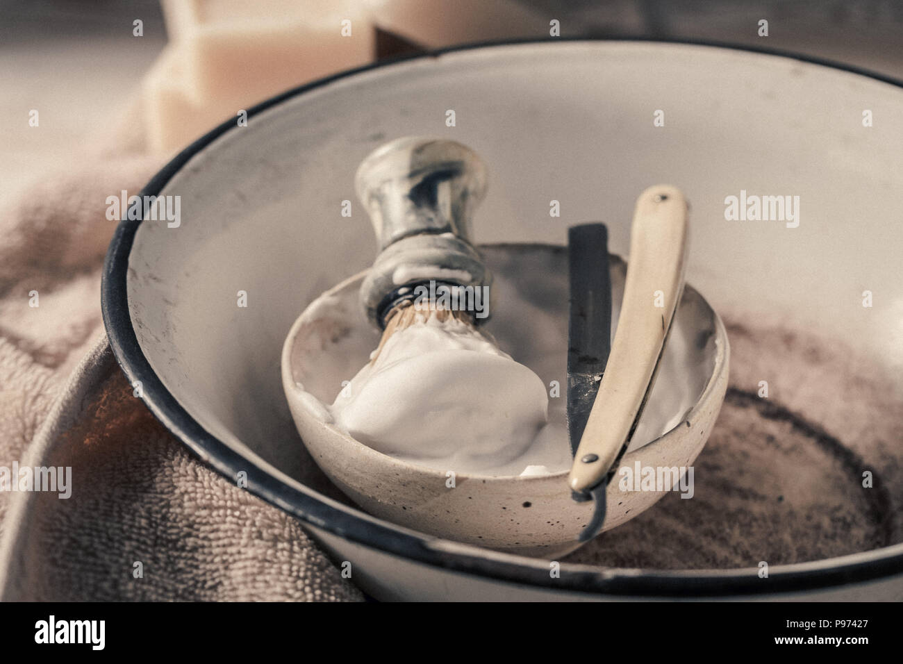 Classic tools for barber. Sharp razor, soap and brush Stock Photo - Alamy
