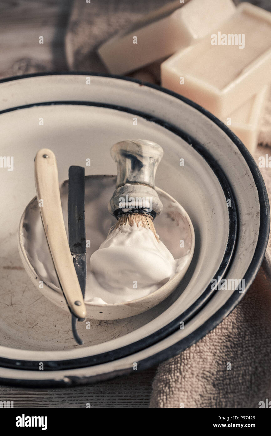 Old shave tools with brush, razor, soap Stock Photo - Alamy