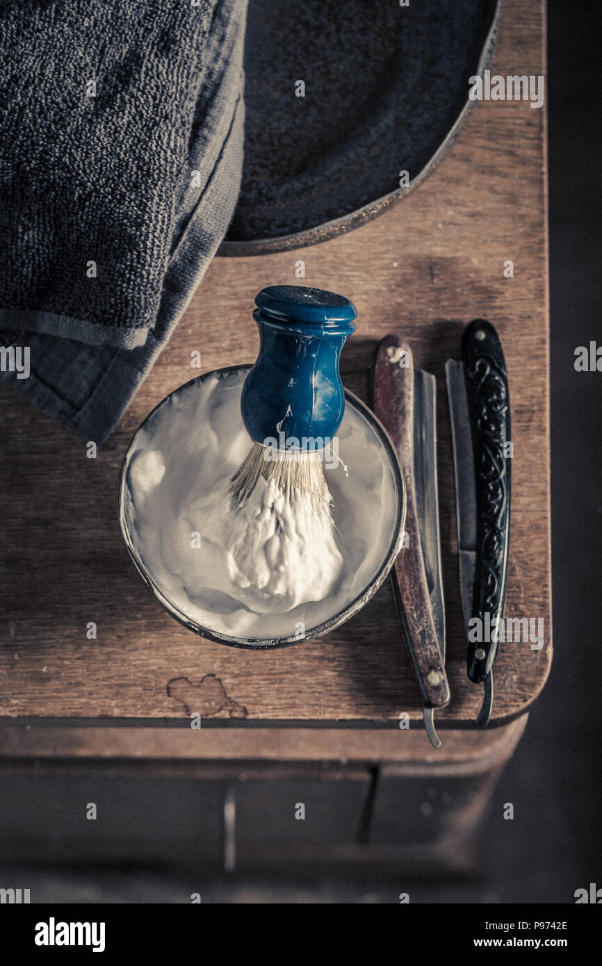 Vintage shave tools. Sharp razor, soap and brush Stock Photo - Alamy